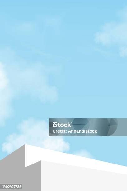 구름 배경의 푸른 하늘이있는 3d 흰색과 회색 연단 단계 무대 쇼케이스 또는 계단 모형이있는 벡터 일러스트 레이 션 배너 봄을위한 최소한의 디자인 배경 여름 화장품 파스텔에