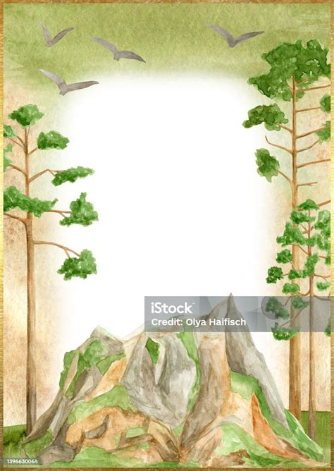 수채화 녹색 산 프레임 손으로 그린 템플릿 여름 산맥 새와 소나무 배경에 흰색 복사 공간 청첩장 자연 일러스트레이션을위한 풍경