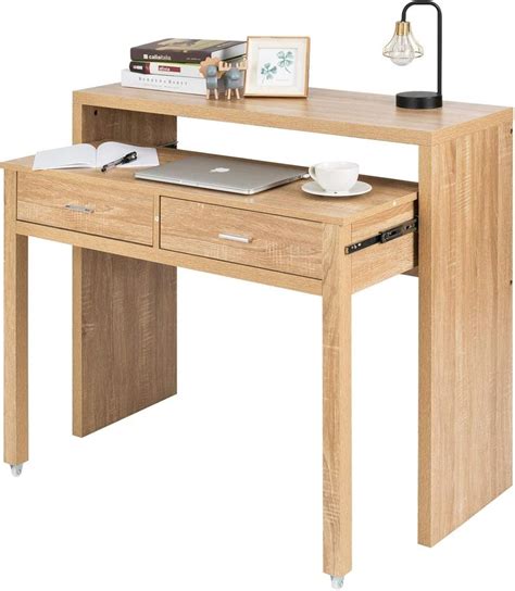 CASART Tier Computer Desk Space Saving Stable PC Table With Double Drawers Extendable Wood