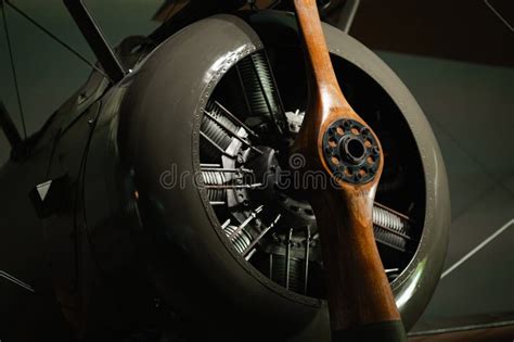Old Airplane Engine With Propeller Front View Of Retro Aircraft Stock