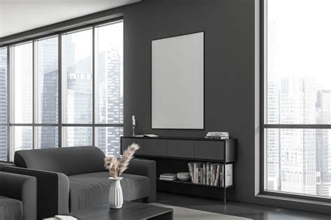 부드러운 장소가있는 회색 차가운 인테리어 파노라마 창 근처의 서랍 모형 프레임 0명에 대한 스톡 사진 및 기타 이미지 0명 3차원 형태 가구 Istock