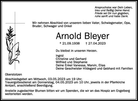 Traueranzeigen Von Arnold Bleyer Schwaebischede Trauerportal