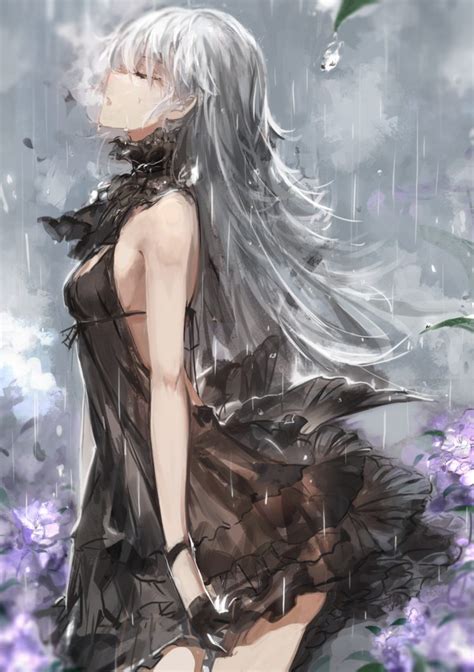Original Characters Long Hair White Hair Black Dress Rain Flowers