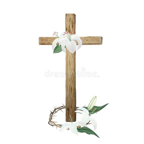 Watercolor Wooden Cross And Lilies Composition For Easter Holy