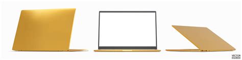 황금 노트북의 3d 이미지 흰색 배경에 고립 된 다른 각도에서 앞면과 뒷면보기 빈 화면 디스플레이가 있는 사실적인 노트북 골드 컬러 모형 3d 벡터 일러스트 레이 션 3차원