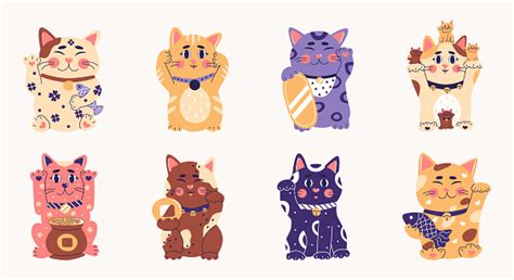 마네키 네코 세트 일본의 행운의 고양이 행운의 상징 동양 플랫 벡터 일러스트의 귀여운 키티 캐릭터 마네키네코에 대한 스톡 벡터