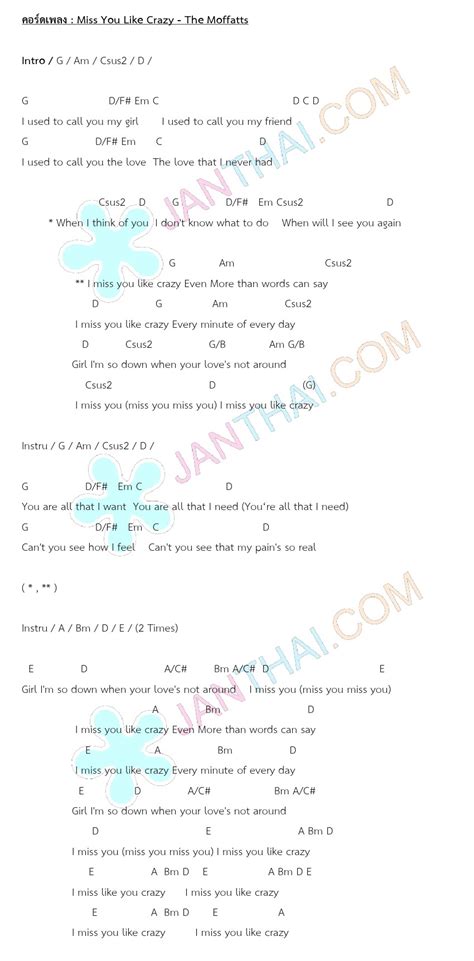 Miss You Like Crazy The Moffatts Janthai Music คอร์ดกีตาร์ เนื้อ