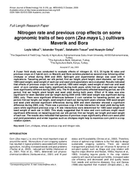 Pdf Nitrogen Rate And Previous Crop Effects On Some Agronomic Traits Of Two Corn Zea Mays L