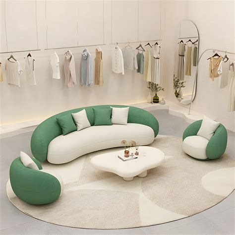 Scandinavian Green Wool Curved Sofa With Sloped Arms And Wood Frame 2 Seater Sofa Sherpa Sofa