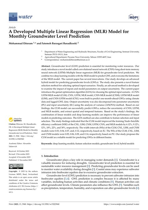 pdf a developed multiple linear regression mlr model for monthly groundwater level prediction
