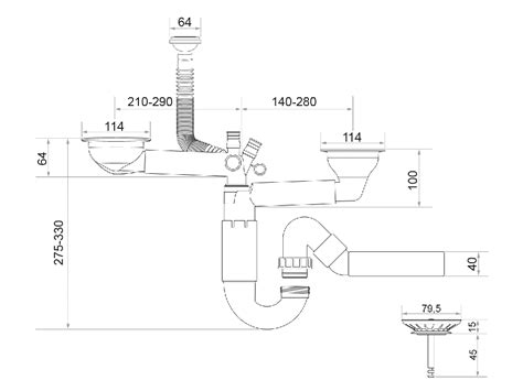 Space Saving Two Bowl Water Trap Manual Telescopic Vertical Overflow