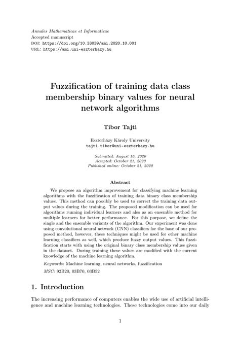 Pdf Fuzzification Of Training Data Class Membership Binary Values For