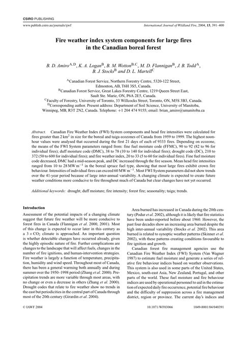Pdf Fire Weather Index System Components Of Large Fires In The Canadian Boreal Forest