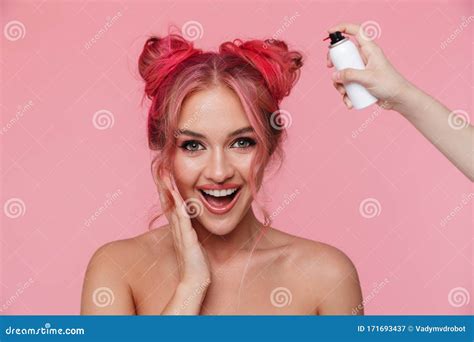 Portrait Of Fashion Shirtless Woman Dying Her Hair With Color Spray Stock Image Image Of