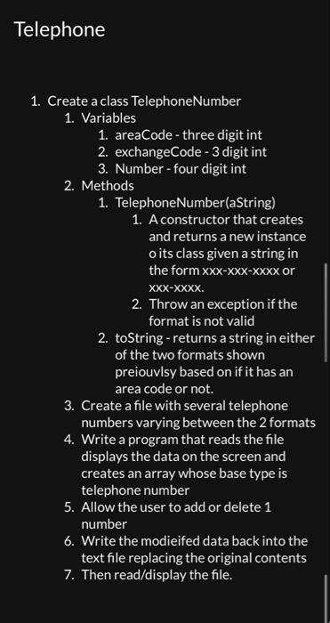 solved 1 create a class telephonenumber 1 variables 1
