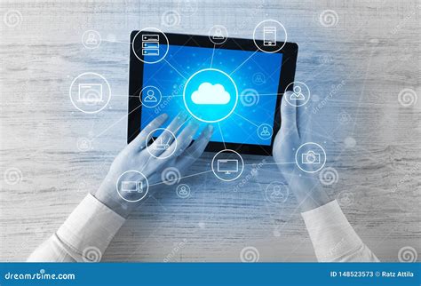 Hand Using Tablet With Centralized Cloud Computing System Concept Stock Image Image Of Public