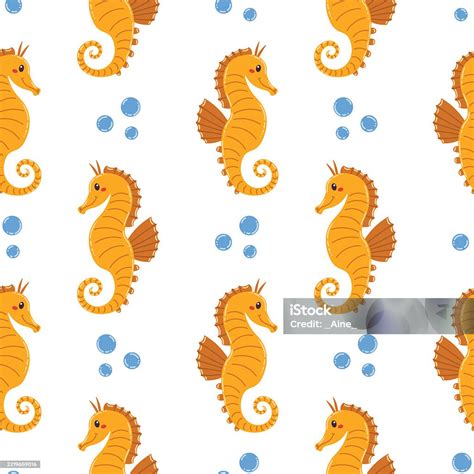 카와이 해마와 물 거품이 있는 만화 플랫 스타일 흰색 배경에 물방울 무늬 순서로 정렬된 완벽 한 패턴 어린이를 위한 귀여운 바다 디자인 패브릭 랩핑 여름 테마 귀여운에 대한