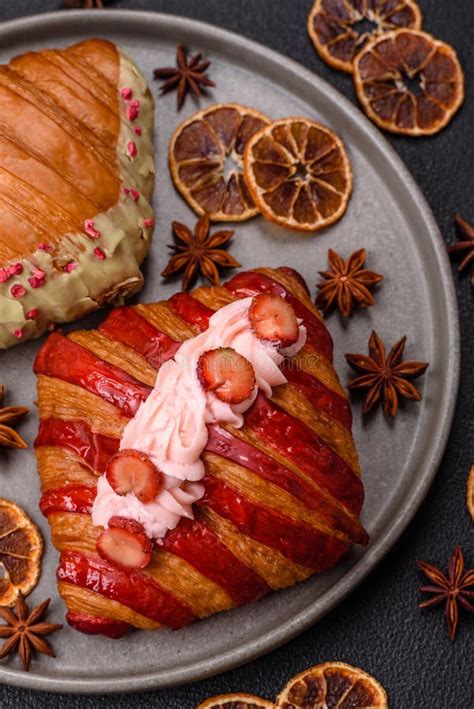Crispy Sweet Red Croissant With Pistachio Raspberry And Strawberry