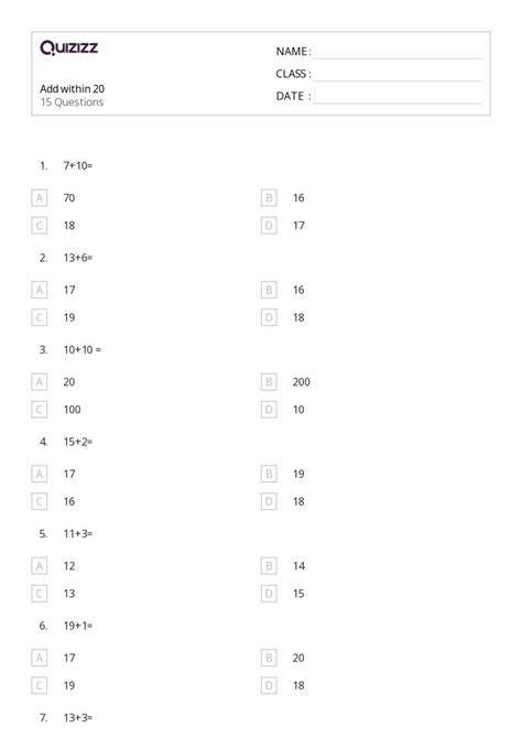 50 subtraction within 20 worksheets for 5th class on quizizz free