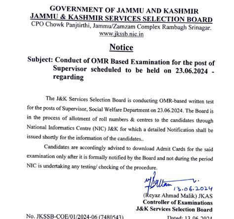 Jkssb Supervisor Examination Written Test Update