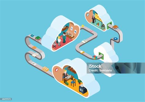 평면 3 차원 Isometric 클라우드 오피스 객실 협업 인테리어 Infographic 개념 벡터 웹 구름 문서 개체 연결 직원 직장 실험실 회의실 크리에이 티브 사람들이