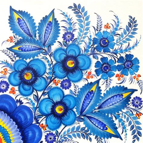 Петриківський розпис Blue Flowers And Leaves Pattern