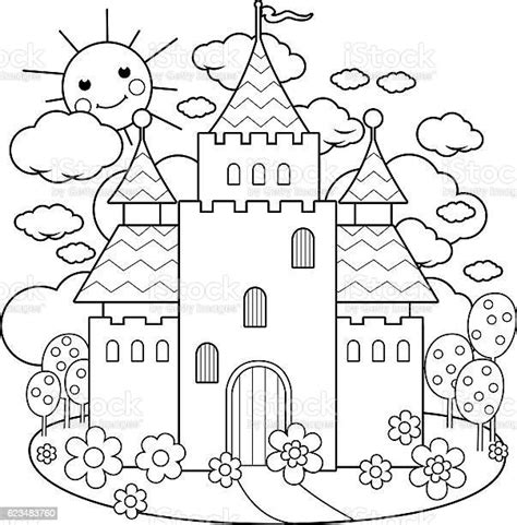 ปราสาทเทพนิยายและหน้าระบายสีดอกไม้ ภาพประกอบสต็อก ดาวน์โหลดรูปภาพตอนนี้ การระบายสี การวาด