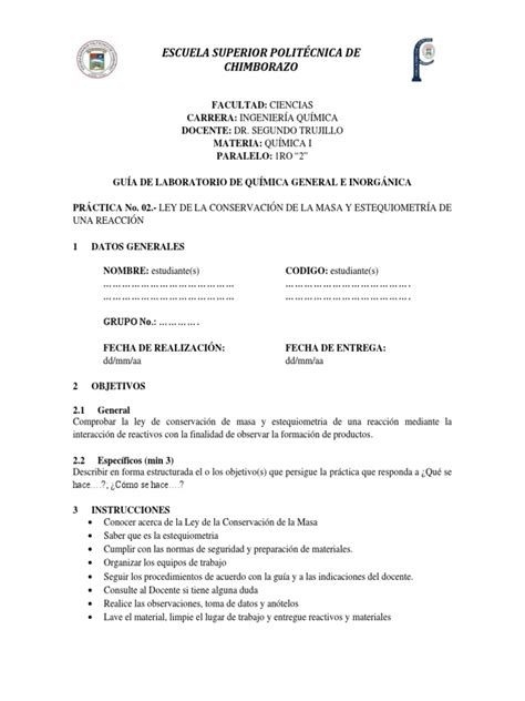 GuÍa No02 Ley De La ConservaciÓn De La Masa Y EstequiometrÍa De Una ReacciÓn Pdf