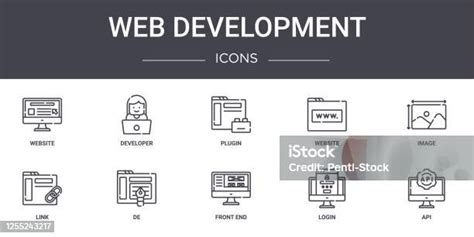 웹 개발 개념 라인 아이콘 설정입니다 웹 로고 개발자 웹 사이트 링크 프론트 엔드 로그인 Api 이미지 플러그인과 같은 웹 로고 Ui Ux에 사용할 수있는 아이콘이 포함되어