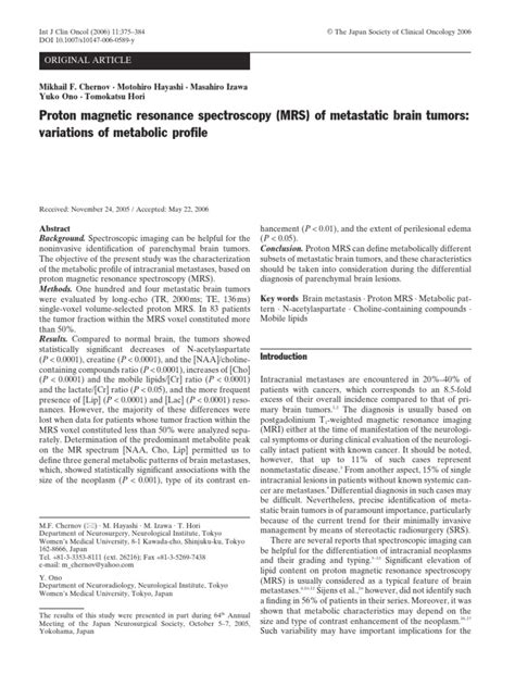 Proton Magnetic Resonance Spectroscopy Mrs Of Metastatic Brain Tumors