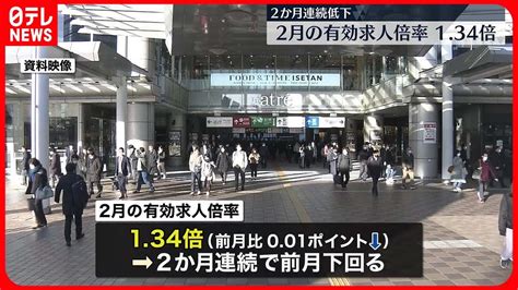 【2月の有効求人倍率】134倍2か月連続で前月を下回る 完全失業率は26％ Youtube