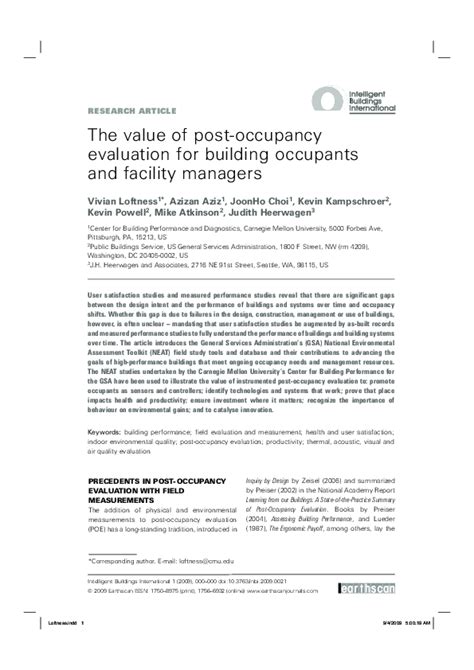 Pdf The Value Of Post Occupancy Evaluation For Building Occupants And Facility Managers