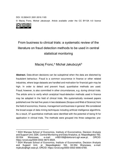 Pdf From Business To Clinical Trials A Systematic Review Of The Literature On Fraud Detection