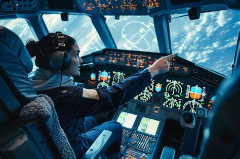 A Pilot Is Sitting In A Cockpit With Headphones On Premium Ai