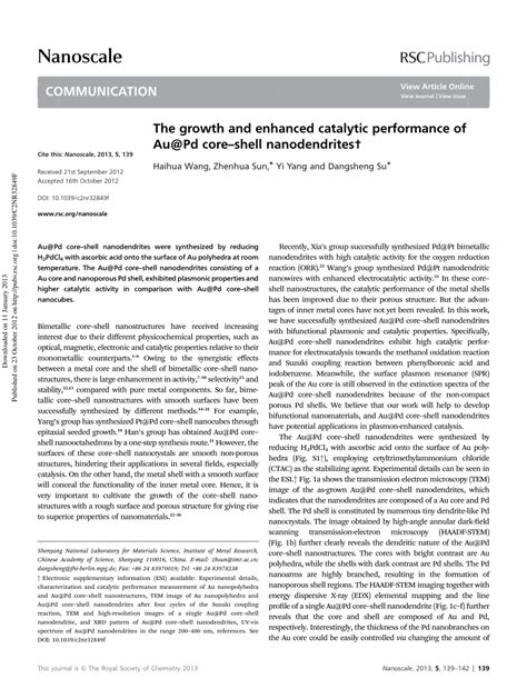 Pdf The Growth And Enhanced Catalytic Performance Of Aupd Core Shell Nanodendrites