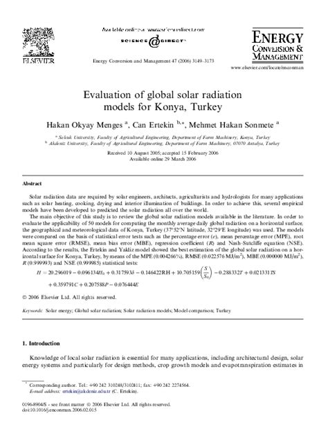 Pdf Evaluation Of Global Solar Radiation Models For Konya Turkey Choucha Abdelghani