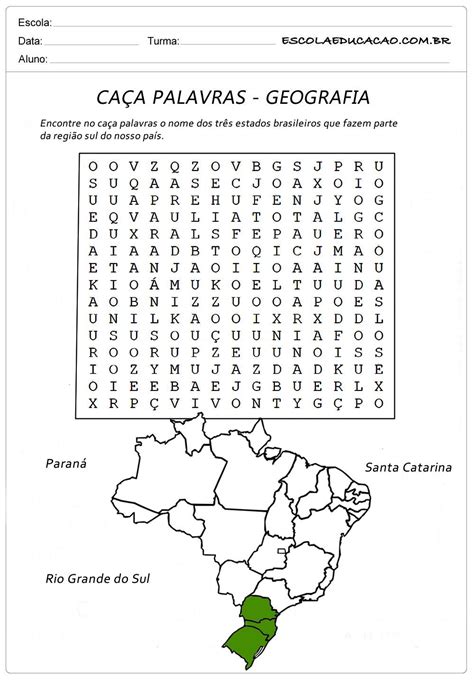 Atividade De Caça Palavras Geografia Caça Palavras Estados Brasileiros