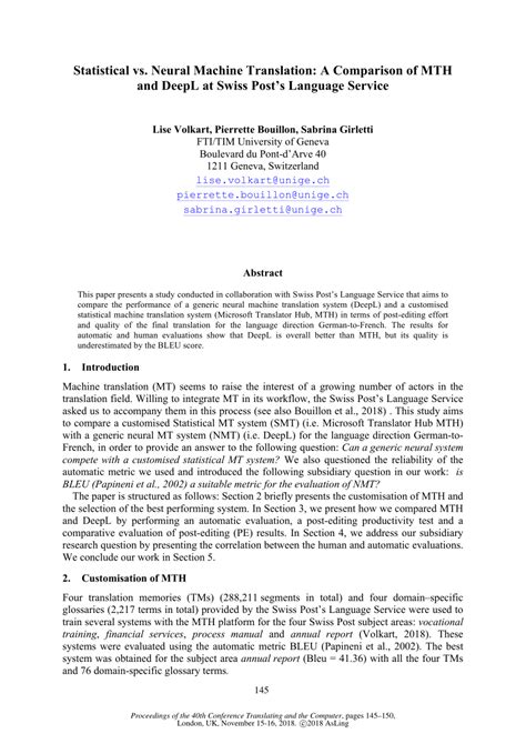 Pdf Statistical Vs Neural Machine Translation A Comparison Of Mth And Deepl At Swiss Posts