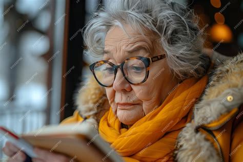 Senior Woman Wearing Glasses Reading Book Premium Ai Generated Image