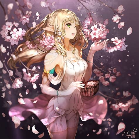 Blonde Pointed Ears Flowers Green Eyes Elves Anime Girls Cherry Blossom Hd Phone