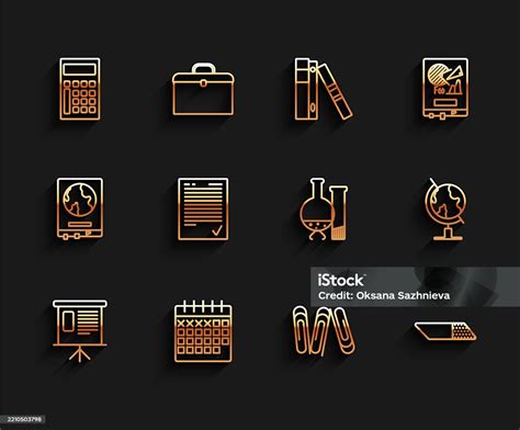 그래프 달력 계산기 종이 클립 지우개 고무 시험지 확인 표시 지구 지구본 및 시험관 및 플라스크 화학 실험실 테스트 아이콘이있는 프레젠테이션 재무 보드를 설정합니다 벡터 0