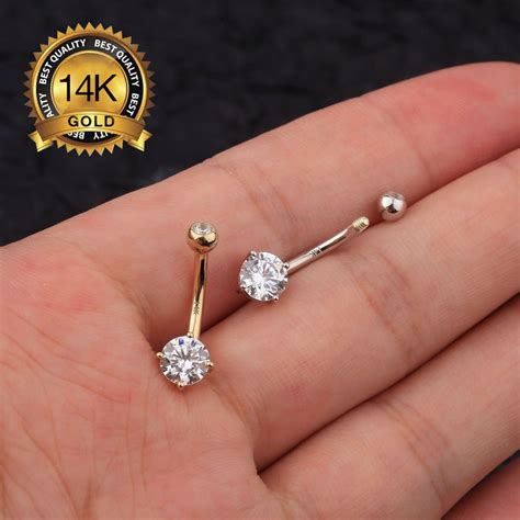 14k Solid Gold Round Cz Belly Button Ring Belly Jewelry Navel Ring