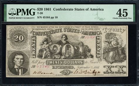 T 20 Confederate States Of America 1861 20 Note Pmg Choice Extremely