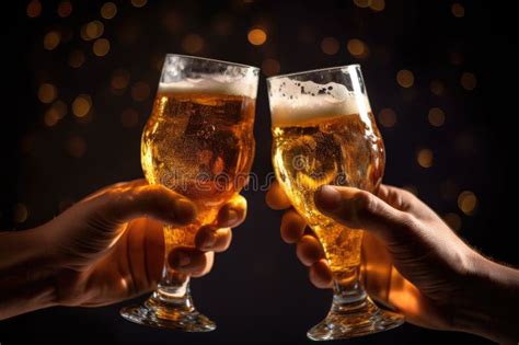 Close Up Hands Of Holding Beer Glasses And Beer Bubbles Cheers Stock
