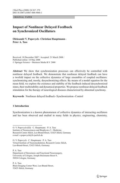 Pdf Impact Of Nonlinear Delayed Feedback On Synchronized Oscillators