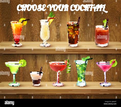 Drinks Realistic Composition With Two Shelves And Various Cocktail Glasses Of Different Shape