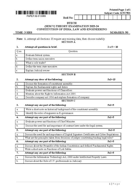 Paper Knc 501 2023 Printed Page 1 Of 1 Subject Code Knc 0roll No 0