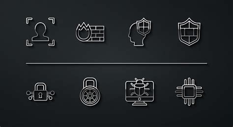 라인 얼굴 인식 사이버 보안 벽돌 벽이 있는 방패 시스템 버그 모니터 안전 조합 잠금 방화벽 프로세서 미세 회로 Cpu 및 헤드 방패 아이콘을 설정합니다 벡터 라인아트에