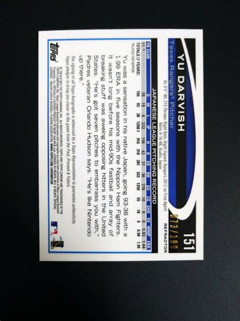2012 Topps Chrome 賽亞人王子 達比修有 Yu Darvish 限量key Rc 球隊色簽名卡 Yahoo奇摩拍賣