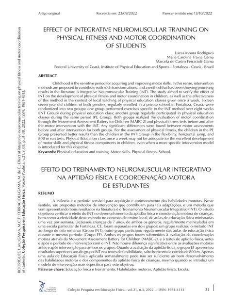 Pdf Effect Of Integrative Neuromuscular Training On Physical Fitness And Motor Coordination Of